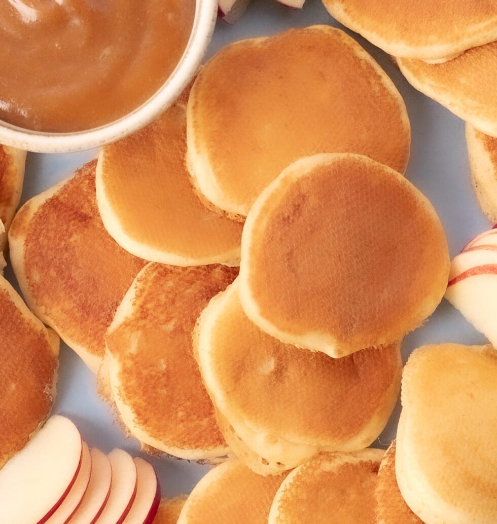 The Best Mini Sweet Cream Pancakes with Peanut Butter Syrup | The Addy Bean