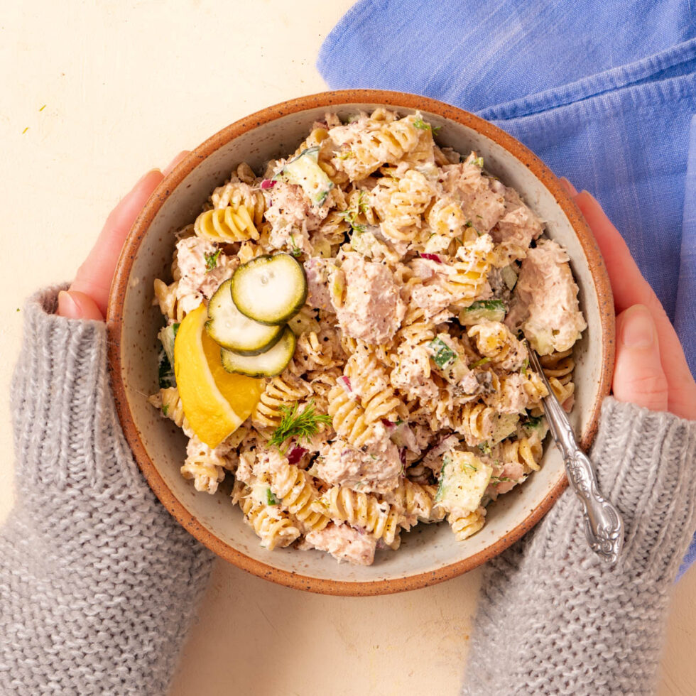 Healthy Creamy Dill Pickle Tuna Pasta Salad Recipe | The Addy Bean
